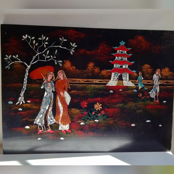 Vintage | Art | Vintage Mcm Mixed Media Abalone Shell Asian Countryside ...
